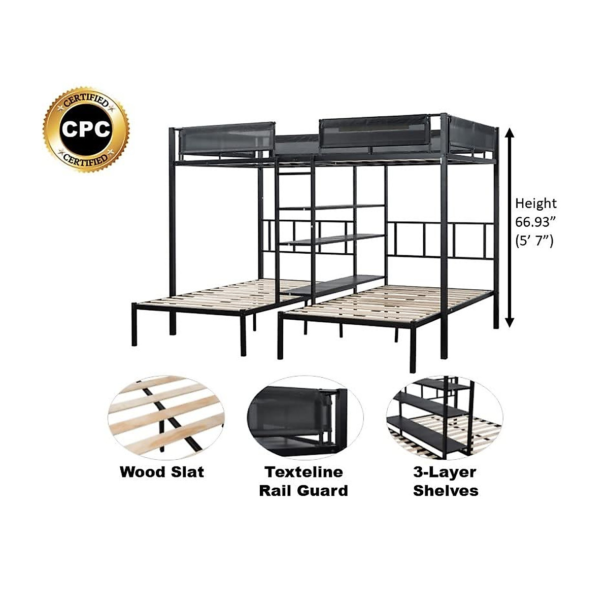 Goohome Full Over Twin and Twin Size Triple Bunk Bed with 4 Shelves, Heavy-Duty Steel Triple Bunk Beds Frame W/Safety Guardrail, Built-in Wood Slat and Ladder, for Kids, Teens, Adults