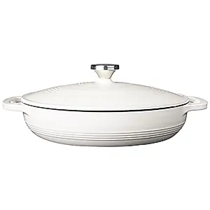 Lodge 3.6 Quart Enameled Cast Iron Oval Casserole With Lid– Dual Handles – Oven Safe up to 500° F or on Stovetop - Use to Marinate, Cook, Bake, Refrigerate and Serve – Oyster White