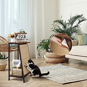 Modern End Table with Cat Bed, Cat Scratching Post Wood Cat Furniture Table Side Table with Small Cat House Cat Bed Table with Replaceable Sisal Scratch Scratching Pad Mat for Living Room Bedroom