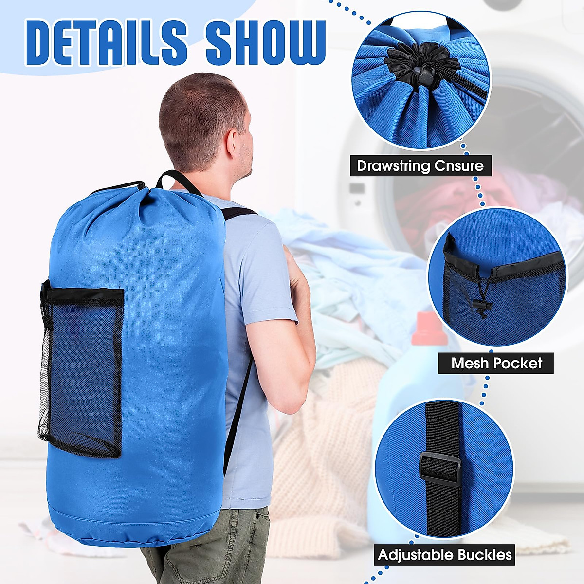 Clysee 2 Pack XL Laundry Backpack with Shoulder Straps and Mesh Pocket Portable Laundry Bag with Drawstring Closure Dorm Essentials for College, Dorm Room, Apartment(Black, Blue)