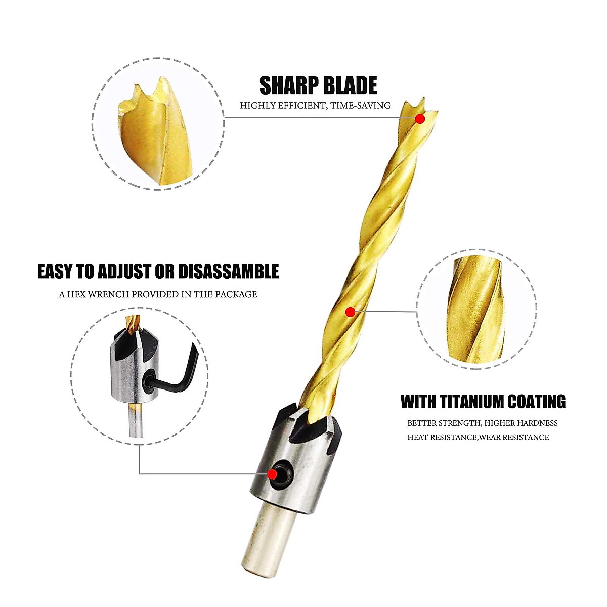 Tomato Palace Countersink Drill Bit Set 7 PCS Titanium Coated Counter Sinker Drill Bit Set for Wood High Speed Steel, Woodworking Carpentry Reamer Tool Set with Hex Key Wrench