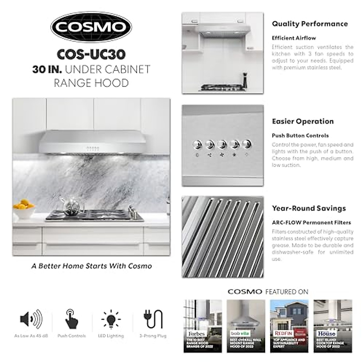 COSMO UC30 29.5 in. Ducted Under Cabinet Range Hood, Kitchen Over Stove Vent, 3-Speed Fan, Permanent Filters, LED Lights in Stainless Steel, 30 inch