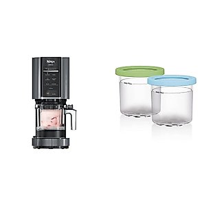 Ninja NC299AMZ CREAMi Ice Cream Maker, Matte Black & XSKPLID2CD Pints 2 Pack, Compatible with NC299AMZ & NC300s Series Creami Ice Cream Makers, BPA-Free & Dishwasher Safe, Lime & Aqua Lids, 1