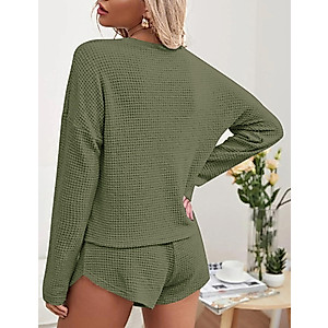 Ekouaer Womens Waffle Knit Pajama Sets Long Sleeve Top and Shorts Matching Lounge Set Sleepwear Loungewear Sweatsuit with Pockets Army Green Medium