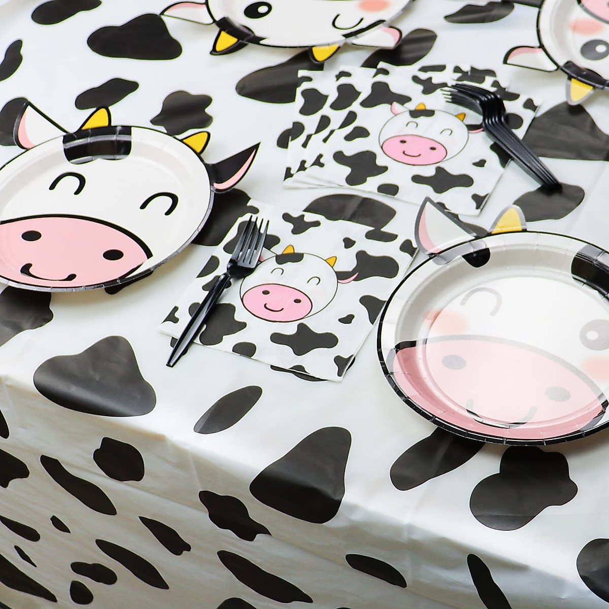 81 Pcs Cow Print Party Supplies, 40 Pcs Cow Shape Party Plates, 20 Cow Pattern Napkins, 20 Pcs Forks, 1 Pcs Cow Print Table Cover for Girl Boy Kid Birthday, Baby Shower, Farm Animal Theme Party