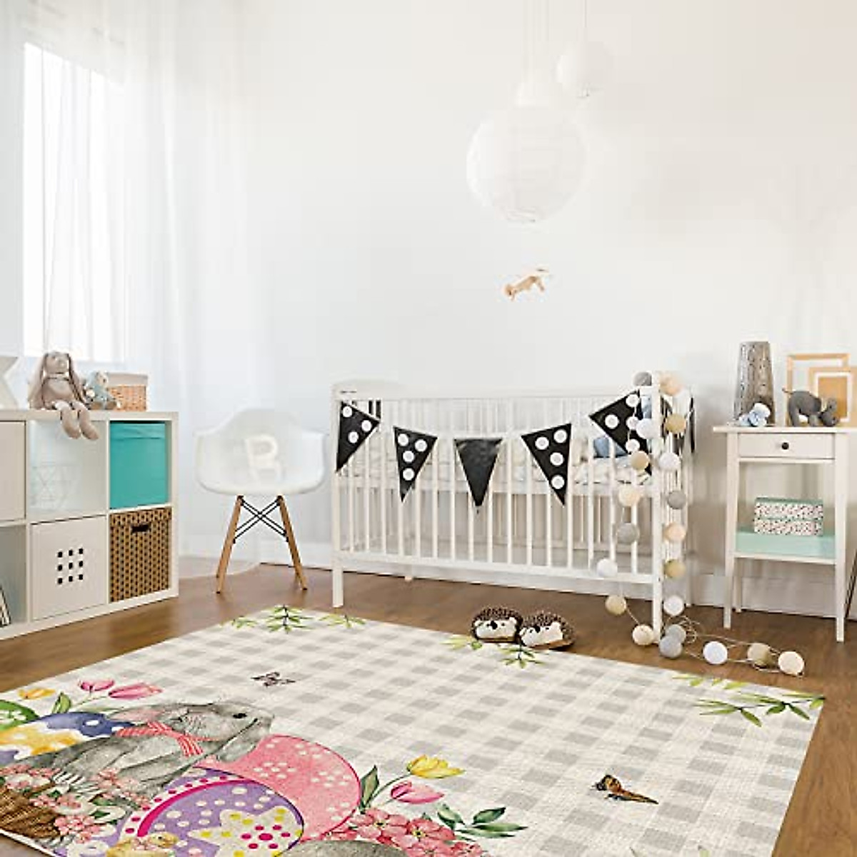 Easter Area Rugs for Living Room/Bedrooom, 2'x3' Area Rug Non-Slip, Cute Bunny Eggs Spring Floral Tulip Botanical Grey Plaid Kids Room Area Rug Washable Accent Floor Carpet Runner Indoor Outdoor