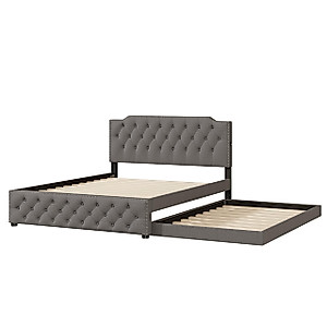 JIVOIT Queen Size Upholstered Platform Bed with Twin Trundle and 2 Sets of USB Ports on Each Side, Linen Fabric Upholstered Bed with Button-Tufted Headboard and Footboard (Gray,Trundle,USB Ports)