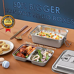 SUBRON Stainless Steel Bento Lunch Box for Adults with Secure Locks, 1800ML 3 Compartments 2 Layer Leak Proof Metal Insulated Lunch Food Containers