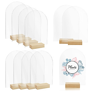 Bercoor 10 Pack 5x7 Inch Blank Clear Arch Acrylic Sign with Wooden Stands, Arched Round Top Acrylic Sheet, DIY Acrylic Arch Table Numbers for DIY Name Card Gifts Event Party Sign Decoration