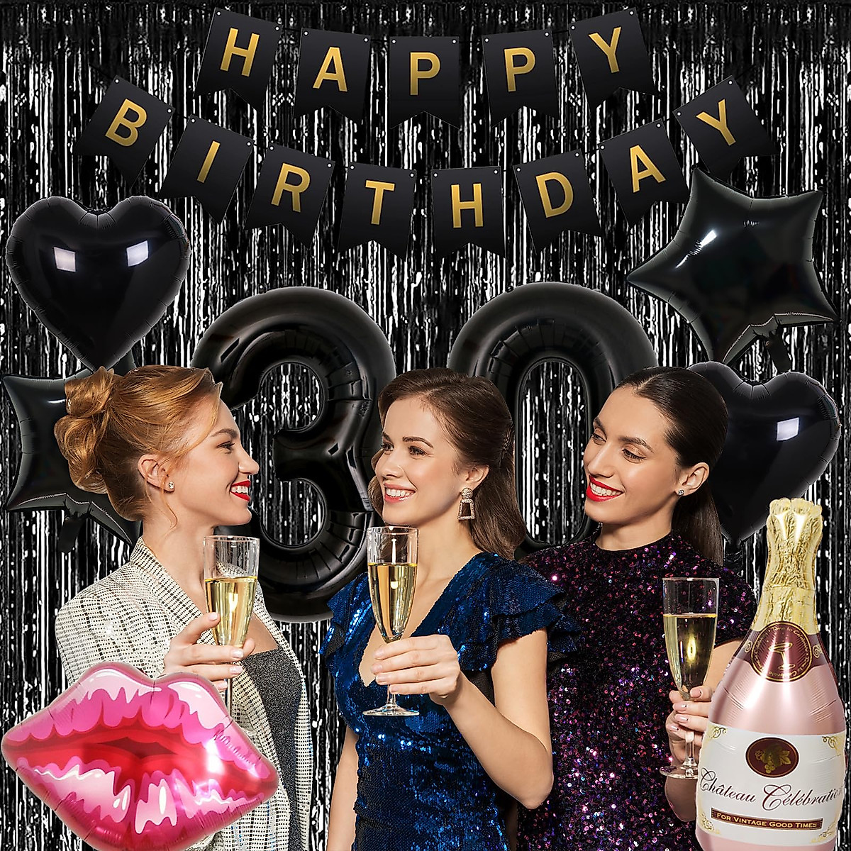 30th Birthday Decorations for Women, Black Pink 30 Birthday Decorations for Her, Black 30 Balloon Numbers, 30th Birthday Sash, Happy Birthday Banner, Dirty 30 Decorations for Her