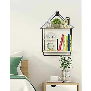 Tikea Floating Shelves, House-Shaped Wall Mounted Shelves for Storage, Modern Farmhouse Hanging Shelf with Metal Frames and Addition Hooks for Living Room Bedroom Bathroom Entryway Decor