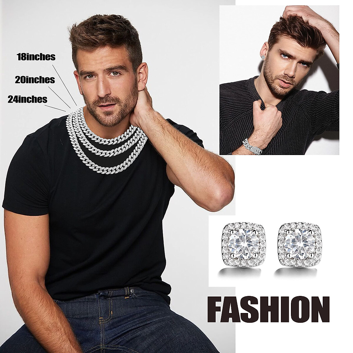 Mens Chains Diamond Cuban Link Chain Necklace Bracelets Set for Men Women Bling Bling Hip Hop Jewelry (Silver 20IN)