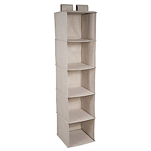 Bigso Soft Storage Hanging Closet Organizer | Polyester Hanging Closet Organizers and Storage with 5 Compartments | Clothes Organizer That Hangs on Closet Rods | 11.8” x 11.8” x 52.6” | Beige