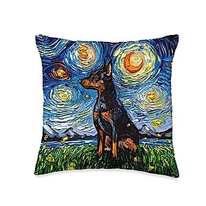 Sagittarius Gallery Miniature Pinscher Starry Night Dog Min Pin Art by Aja Throw Pillow, 16x16, Multicolor