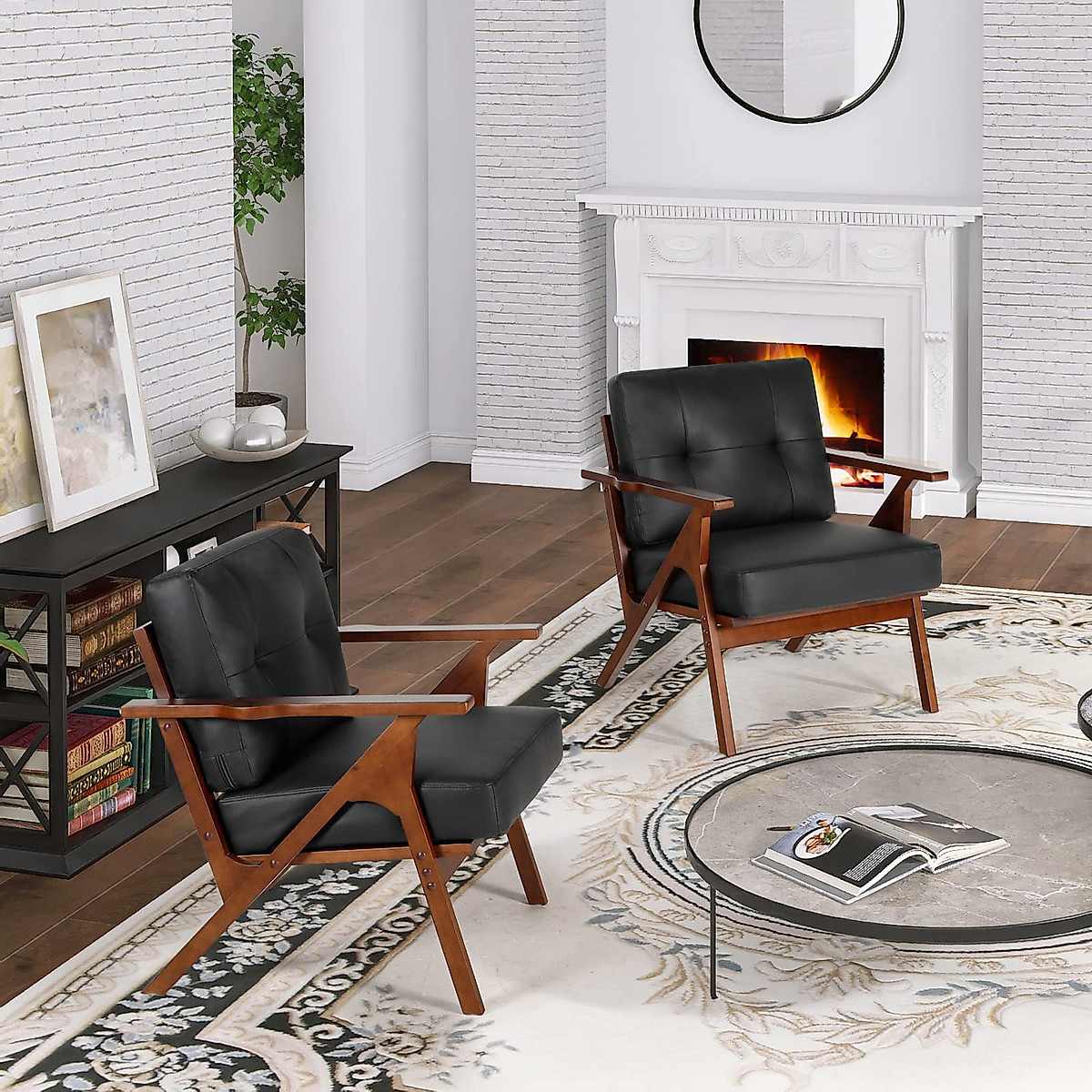 AODAILIHB Mid Century Modern Accent Chair, Retro Wood and Leather Armchairs, Vintage Reading Side Chair Comfy Accent Sofa for Living Room, Bedroom, Studio, Office (1, Black)