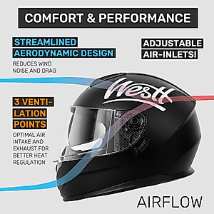 Westt Motorcycle Helmets Full Face Helmets - Street Bike Helmet with Dual Visor DOT Approved for Men Women Adults Compact Lightweight Storm X Grey Black White (Black, L (23.23-23.62 in))