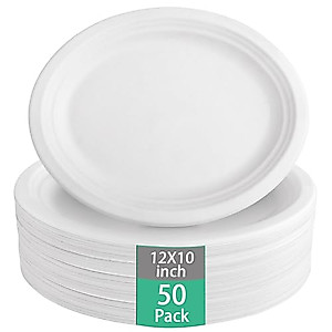 WDF 50Pack Oval Paper Plates Disposable - 10" x 12" White Paper Plates Heavy Duty Dinner Size Large Disposable Platter for Happy Thanksgiving Plates Serving Tray Baby Shower Birthday