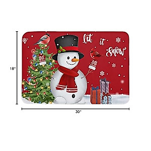 Teather Snowman Cardinal Birds Red Christmas Bath Rugs Snowflake Xmas Tree Sponge Doormat Absorbent Non Slip Backing Durable Soft Flannel Memory Foam Mats Carpet for Bathroom Kitchen, 18 x 30 inches