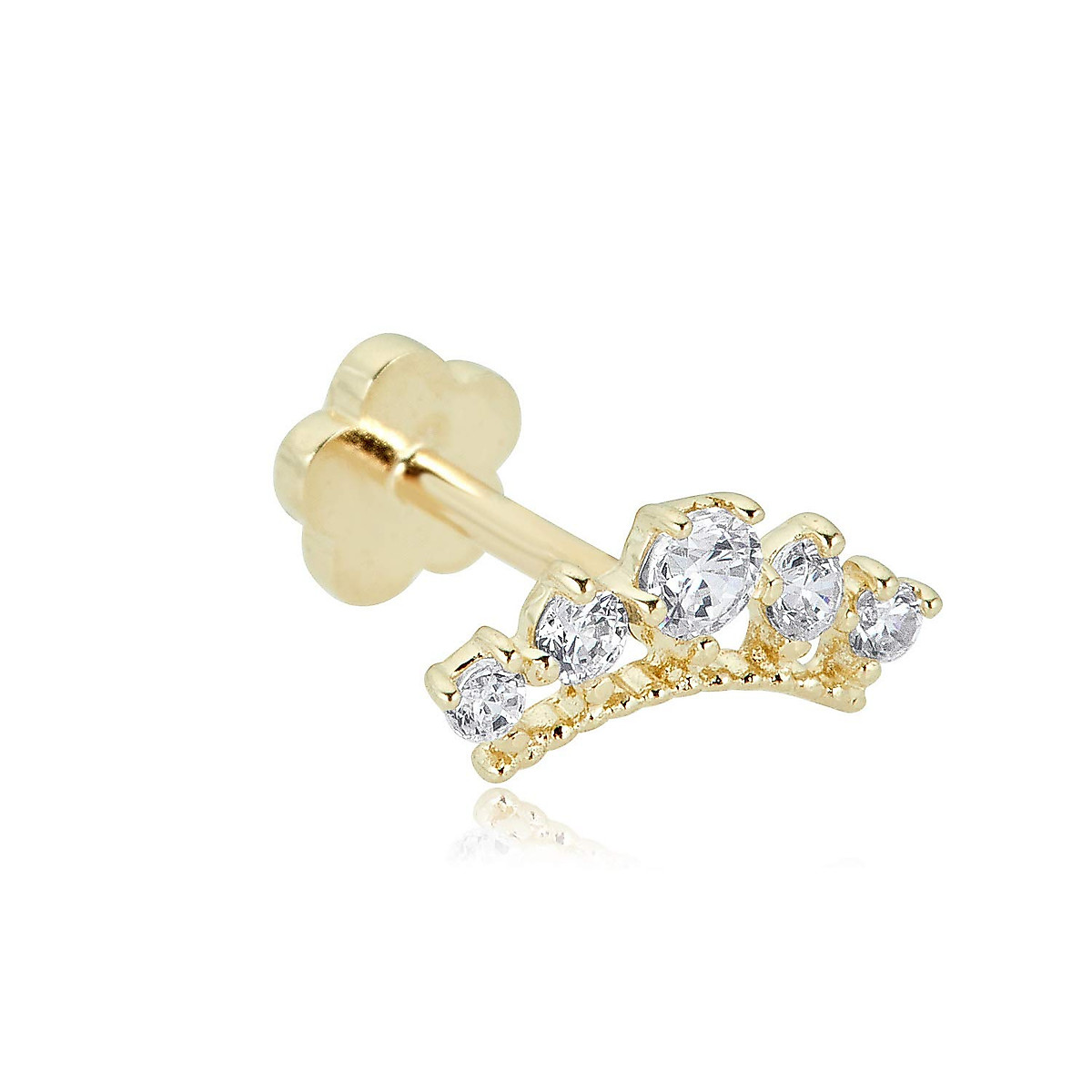 AVORA 14K Yellow Gold Simulated Diamond CZ Tiara Crown Cartilage Piercing Flat Back Earring Body Jewelry (18 Gauge)