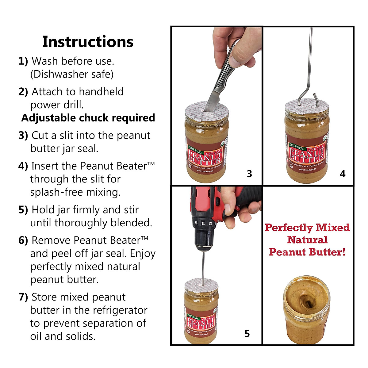 Peanut Beater™: Stirring tool for natural peanut butter, fast mixing stirrer utensil, easy to clean mixer, handheld power drill attachment