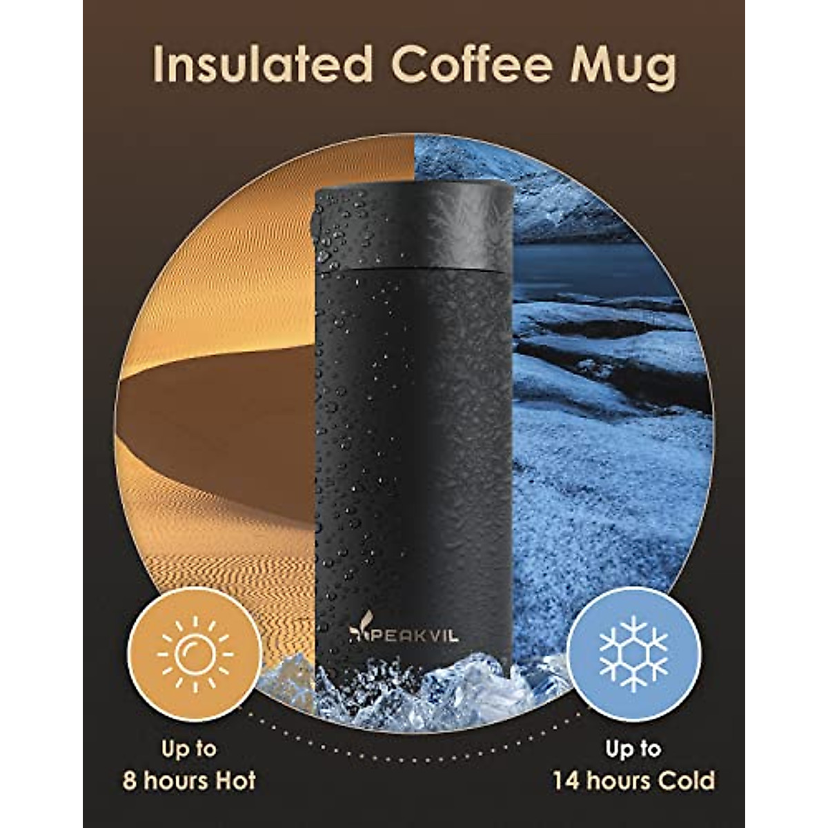 Peakvil 12 oz Insulated Thermos Travel Coffee Mug with Push Button Lid - Leakproof Reusable 304 Stainless Steel Tumbler Cup for Keep Hot/Ice, Coffee, Tea, Water
