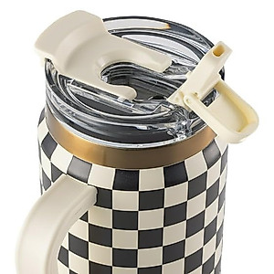 Thymes & Tables Tumbler with Handle, Dual Straw Lid, Stainless Steel Double Wall Insulated, Cream & Black, 32oz