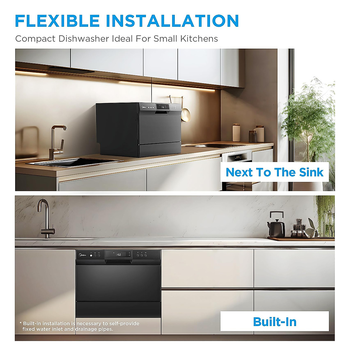 Midea MDC22P1ABB Table-top Countertop, Energy Star Portable Dishwasher, 6 Place Settings & 8 Washing Programs, Speed, Baby-Care, ECO& Glass, Dish Washer for Dorm, RV& Apartment, Black