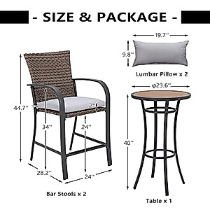 Olmia Outdoor Bar Height Table and Chairs Set of 3, 3PC Outdoor High Top Table and Chairs Set with Gray Cushions and Pillows, Brown Wicker Rattan Bar Height Patio Set with Foot-Rest - Steel Frame
