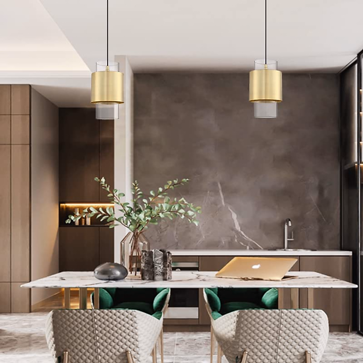 1 Light Hanging Indoor Kitchen Island Pendant Light 6" Drum Glass Shade Pendant Ceiling Light Fixtures Modern Farmhouse Dinning Over Sink (Gold Finish, 2 Pack)