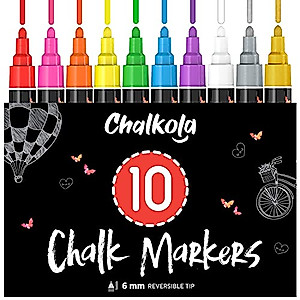 Chalkola Liquid Chalk Markers Erasable (10 Pack) w/ Gold & Silver - Washable Paint Chalk Pens for Chalkboard Signs, Blackboard, Car Window, Bistro, Glass, Board - Neon Wet Wipe 6mm Reversible Bold Tip