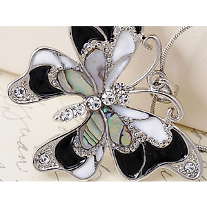 Alilang Silvery Tone Abalone Colored Stones Black White Butterfly Pendant Necklace