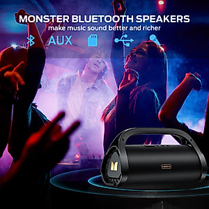 Monster Adventurer Max Bluetooth Speakers, IPX7 Waterproof Outdoor Bluetooth Speakers, Active Extra Bass, Fast Charging, with Microphone, Suitable for Beach, Parties, Gym, Black