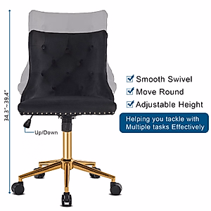 VINGLI Black Velvet Armless Home Office Desk Chair with Gold Base/Wheels, Small Cute Vanity/Makeup Chair with Back for Bedroom, Upholstered Adjustable Rolling Swivel Nail Chair for Women/Girls
