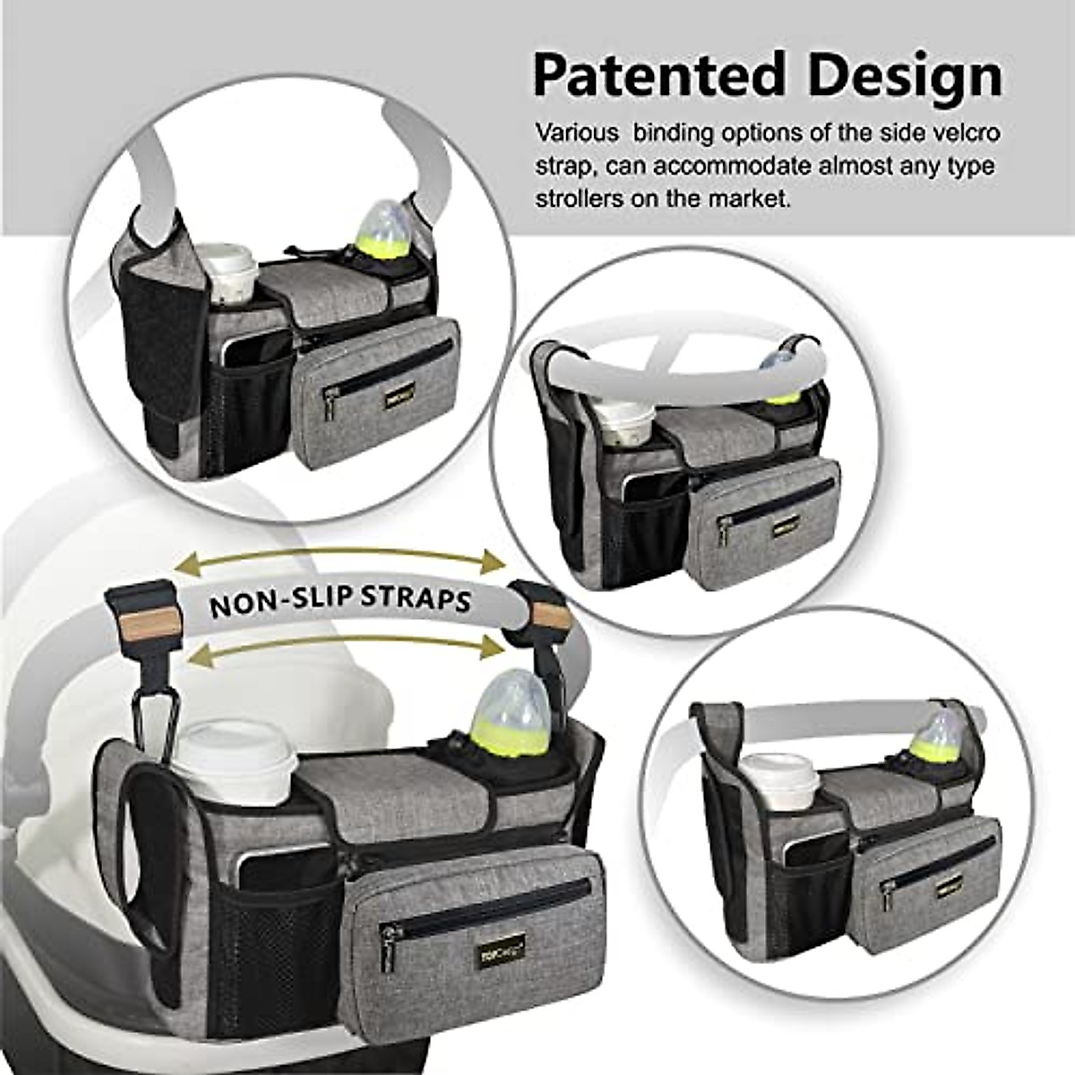 TOPDesign Universal Baby Stroller Organizer, Stroller Caddy with Heightened Insulated Cup Holders & Non-Slip Secure Hooks Accessories, Fits Most Strollers, Machine Washable (Blue)