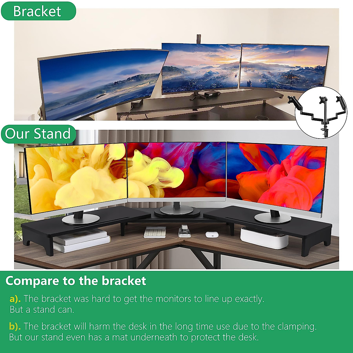 Nnewvante Monitor Stand Riser, 60 inch Large Bamboo Dual Monitor Stand for Desk, 3 Shelves Desktop Screen Riser with Adjustable Length Angle for Computer Laptop PC,Black