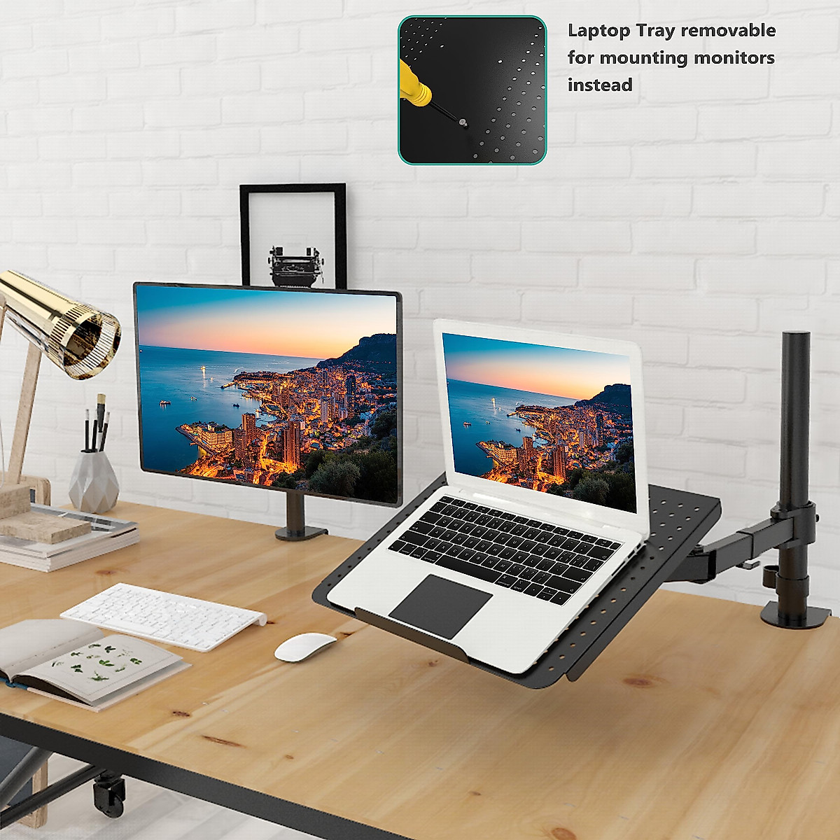 WALI Laptop Tray Desk Mount for 1 Laptop Notebook up to 17 inch, Fully Adjustable, 22 lbs Capacity with Vented Cooling Platform Stand (M00LP)