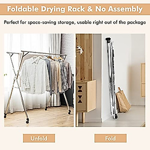 Tangkula Clothes Drying Rack with Wheels, Freestanding Stainless Steel Garment Rack for Laundry, Adjustable and Foldable, No Assembly Need, Space Saving Laundry Drying Rack for Indoor Outdoor