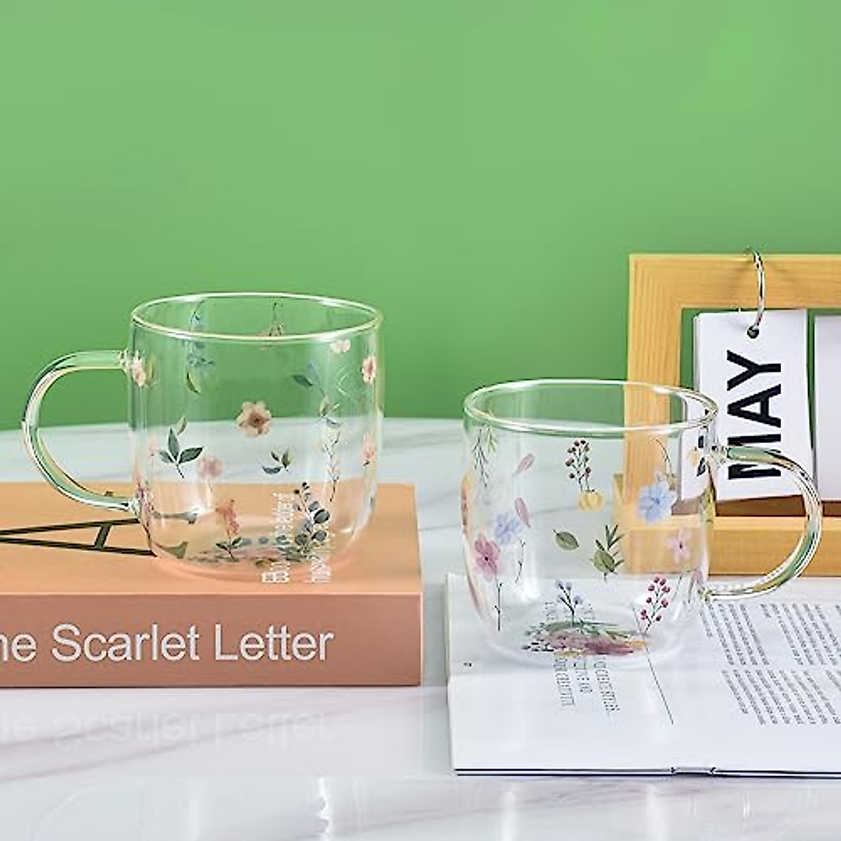 Koythin Flowers Coffee Glass Mug, Cute Espresso Cup, Drinking Glasses Breakfast Cups with Handle, 12oz Perfect for Coffee Juice Tea Latte Cappuccino (Green Leaf Pink Flower)