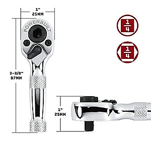 Powerbuilt Stubby Ratchet, Mini 1/4 Inch Ratchet Wrench, Reversible 72 Tooth, Tight Spaces, Quick Release - 940478