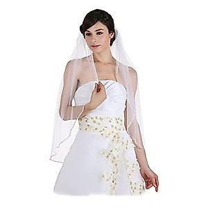 SAMKY 1T 1 Tier Crystals Pearls Beaded Wedding Veil (Fingertip Length 36" Light Ivory)