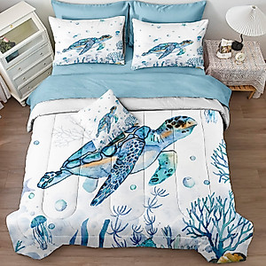 Sea Turtle Comforter Ocean Themed Bedding Sets 6 Pieces Twin Bed in A Bag Teal Blue Turtle Sea Horse Animal Cartoon Pattern Beach Coastal Bedding Comforter (Sea Turtle, Twin)