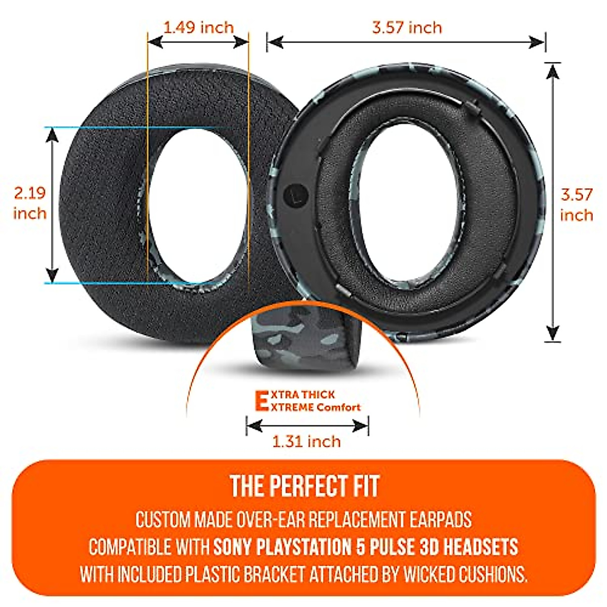 WC Freeze PS5 -  Hybrid Fabric Cooling Gel Replacement Earpads for Sony Playstation 5 PS5 Pulse 3D Headphones Made by Wicked Cushions, Improved Durability, Thickness and Sound Isolation | Black Camo