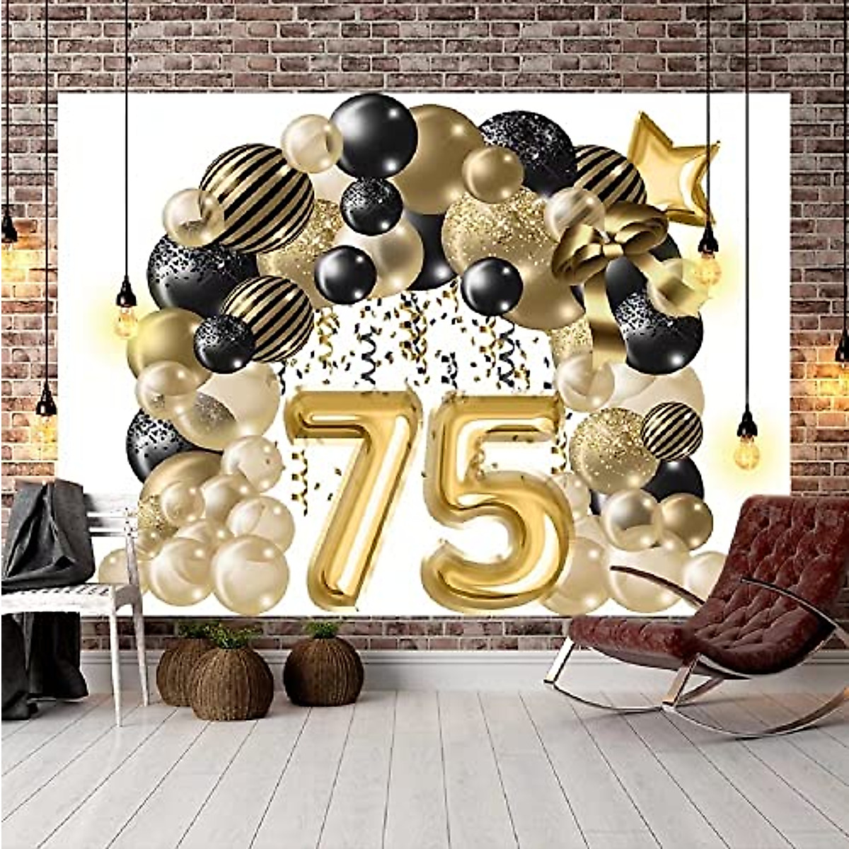 7x5ft Birthday Party Decoration Black Gold Balloon Poster for Anniversary Photo Booth Backdrop Background Banner 75th Birthday Party Supplies W-7066