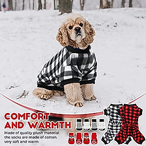 Saintrygo 2 Pieces Buffalo Plaid Dog Pajamas Christmas Pet Sweater with 8 Red Socks Winter Checkered Sleepwear Cold Weather Soft for Puppies Anti-Slip Knit Paw Protector Costume, White