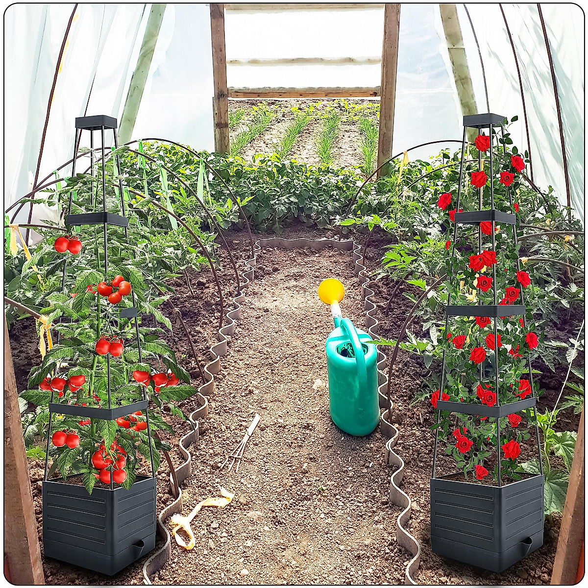 MQFORU Tomato Planter with Trellis, 57" Raised Garden Bed Planters Box for Climbing Vegetables Plant, Self Watering Tomato Support Cages for Garden Pots, Use for Patios Greenhouse Indoor Outdoor（1Pc）