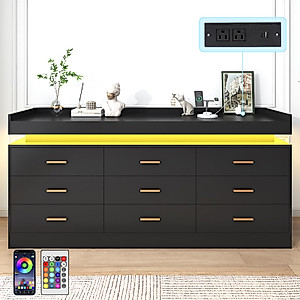 jiteentarou 9 Drawer Dresser with Charging Station and LED Lights, Modern Chest of Drawers with Power Outlet, Organizer Cabinet for Bedroom, Living Room, Entryway, Black