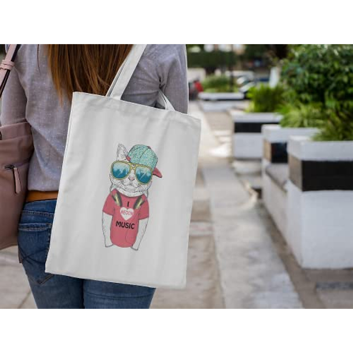 Cute Canvas Tote Bag for Women - Cat Gifts for Cat Lovers - Book Tote Bag - Cat Tote Bag with Music Theme - Reusable Shopping Bags for Grocery Utility Teacher (Music Cat)