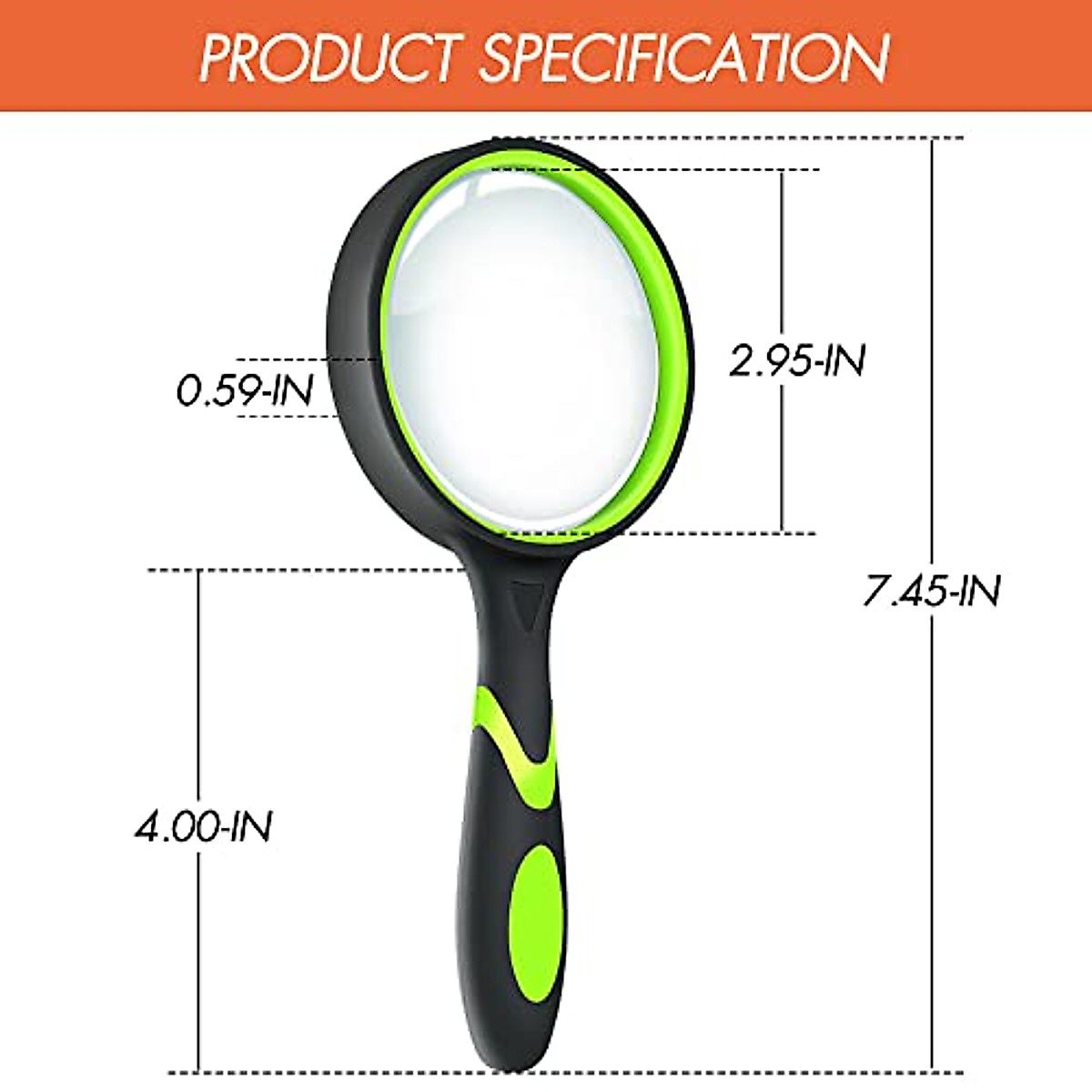 Leffis 2 Pack 10X Magnifying Glass for Seniors & Kids, Non-Slip Handheld Magnifier for Reading, 75mm Magnify Glasses Lens for Close Work, Science and Hobby Observation（Green and Orange