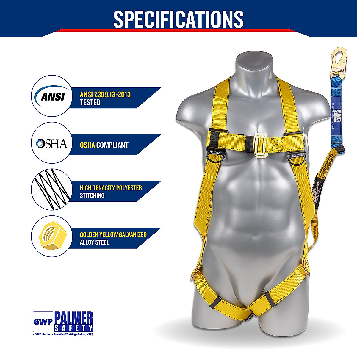 Palmer Safety Fall Protection Safety Harness w/Detachable 6' Single Leg Lanyard I EXTERNAL Shock Absorber Lanyard I OSHA/ANSI Fall Arrest Kit I Ideal for Industrial & Construction Use (Yellow - 1pk)