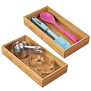 mDesign Wooden Bamboo Drawer Organizer - 12" Long Stackable Storage Box Tray for Kitchen Drawers/Cabinet - Utensil, Silverware, Spatula, and Flatware Holder - Echo Collection - 2 Pack, Natural Wood
